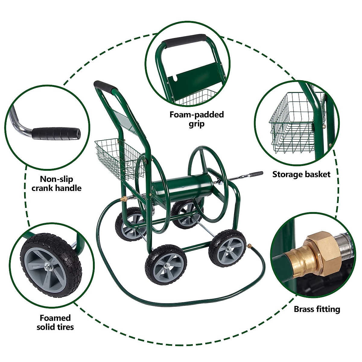 Tools Industrial Hose Reel Cart, Garden Heavy Duty Hose Reel Cart with 4 Solid Wheels Lawn Watering Outdoor Yard Water Planting，Holds 300-Feet of 5/8" Hose Capacity