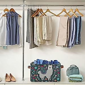 Kigai Collapsible Storage Basket with Handles, Cute Floral Llama Canvas Fabric Storage Bins Toys Clothes Organizer for Bedroom, Nursery, Shelves, Closets (2PACK)