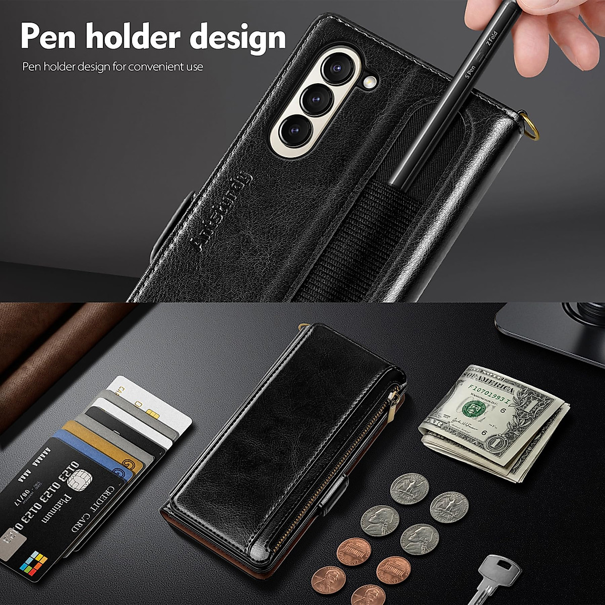 Antsturdy for Samsung Galaxy Z Fold 5 case Wallet Women with 【S Pen Holder】,Galaxy Z Fold 5 Phone case with Card Holder Strap PU Leather RFID Blocking Flip Folio Cover Credit Slots Men,Black