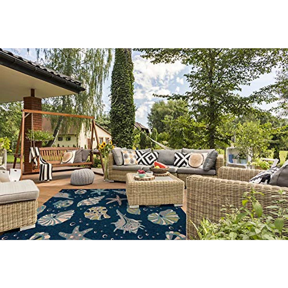 GAD Great American Distributors Sanibel Premium Indoor Outdoor Area Rug Accented Island Seaside Seashell Aquatic Marine Life Design Navy Blue/Gray (5'3"x7'7")