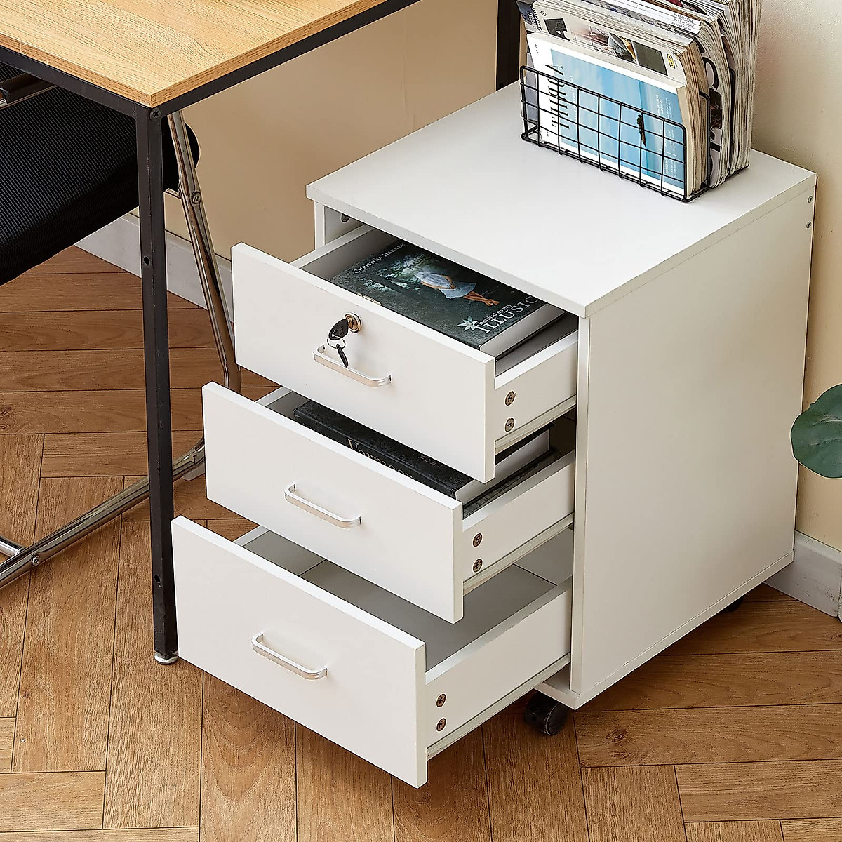 TUKAILAi Mobile File Cabinet with 3 Drawers, Under Desk Rolling Filing Cabinet with 4 Wheels for Letter/Legal / A4 Size, Wooden Stationery Storage Cabinet for Home Office (White)