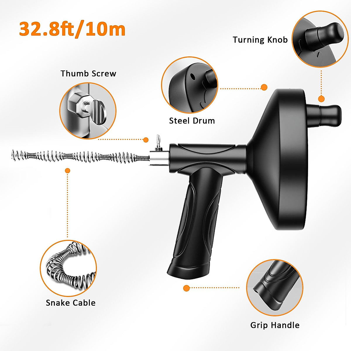 DR.PEN 32FT Drain Auger, [Easy to Use & Highly efficient] Flexible Plumbing Snake Drain Clog Remover, Drain Clog Remover for Kitchen, Bathroom and Shower Sink, Comes with Work Gloves and Floor Drain