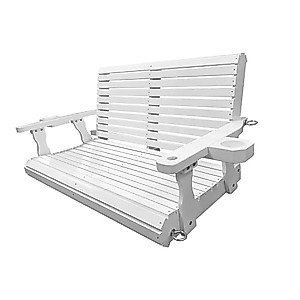 Wooden Porch Swing 2-Seater, Bench Swing with Cupholders, Hanging Chains and 7mm Springs, Heavy Duty 800 LBS, for Outdoor Patio Garden Yard, 4 FT, White
