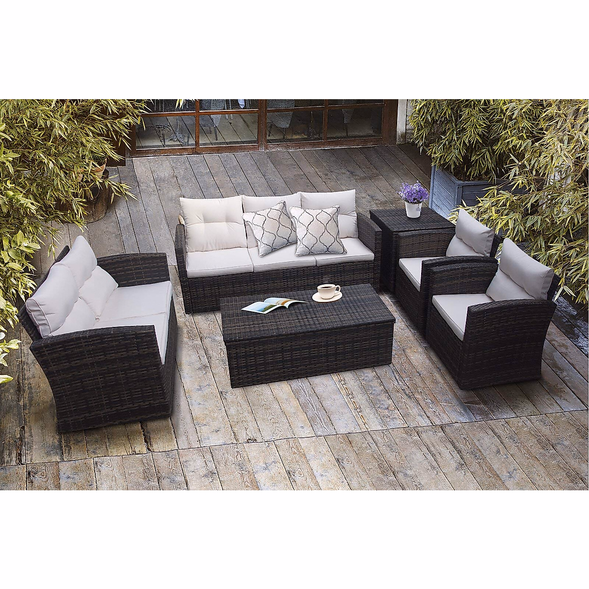 RICHSEAT Dark Brown Gradient PE Rattan Wicker Sectional Sofa 6 Piece 7 Seats Outdoor Patio Furniture Conversation Sets Loveseat Chair Seating Group with Cushions and Table