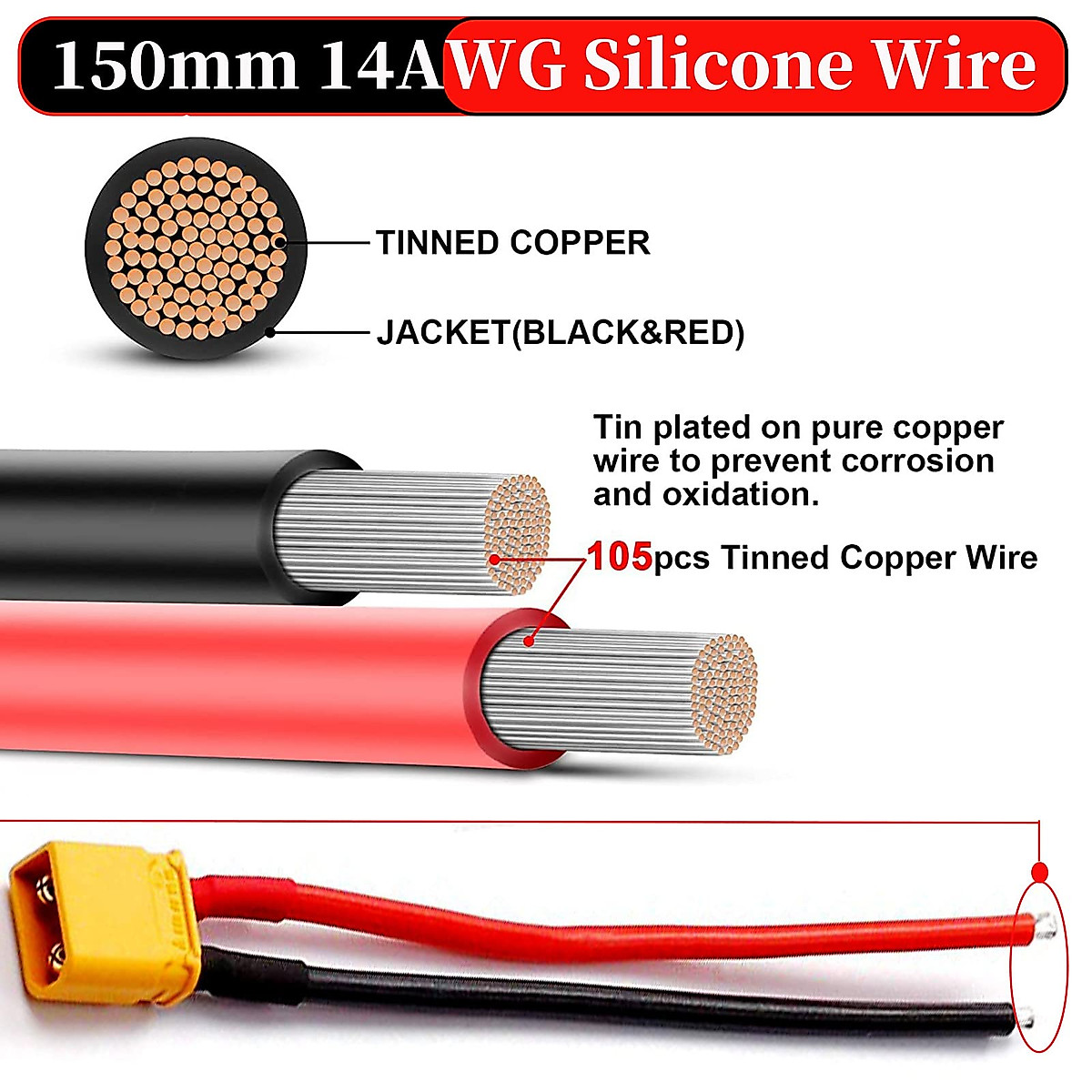 2Pairs XT60 Plug Female and Male Connector, 14AWG Silicone Wire with Rubber Insulation Protective Cap for RC Drone Car Lipo Battery Charger