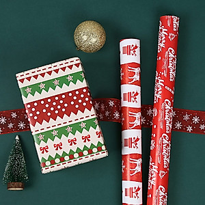 Aimyoo Vintage Red Green Christmas Wrapping Paper Jumbo Roll, Xmas Gift Wrap Paper 17 in x 32 ft, Snowflakes Bows Stars Dots Stripes Design