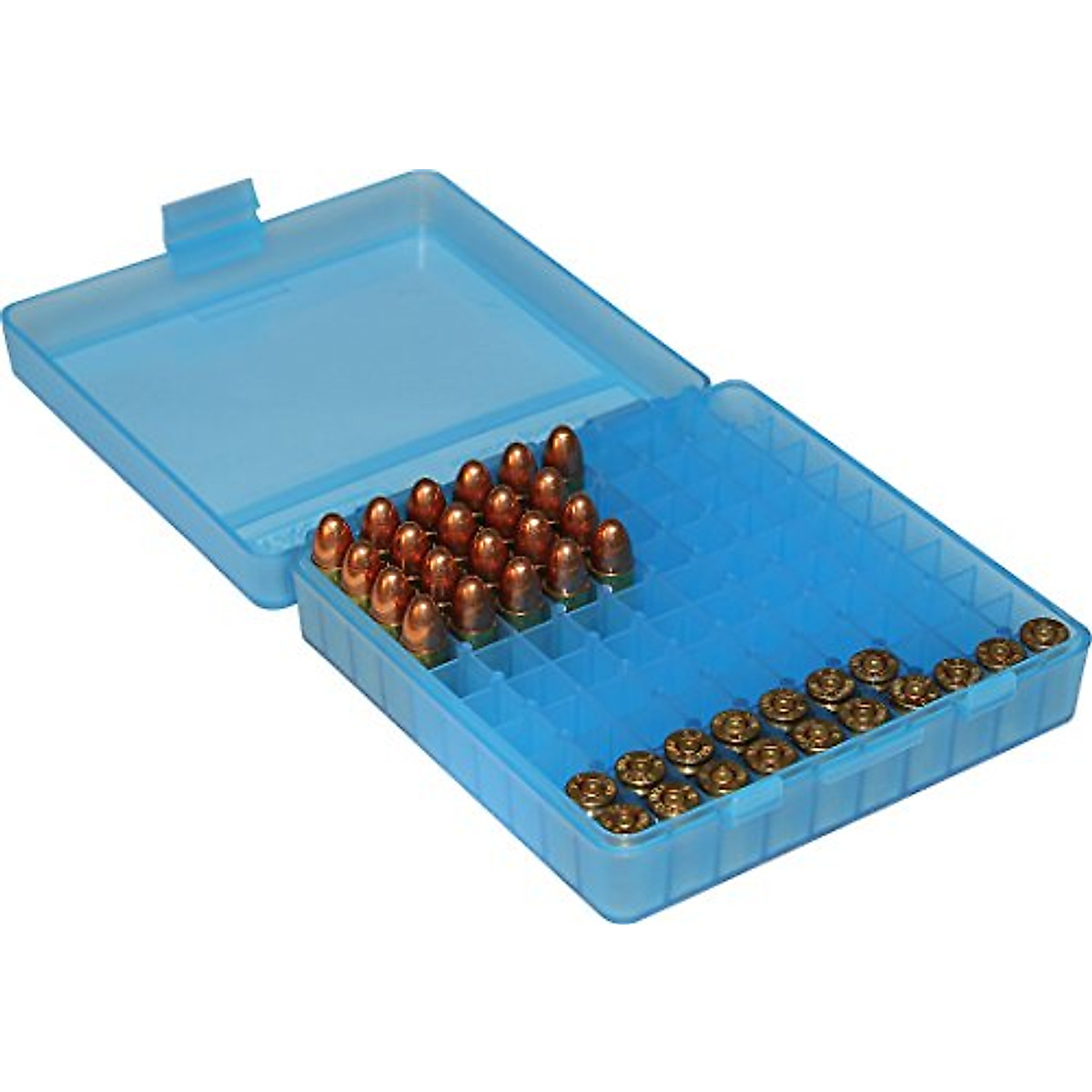 MTM P-100-9-24 Ammo Box 100 Round Flip-Top 9mm 380 ACP, Clear Blue , ‎5 x 5 x 5"