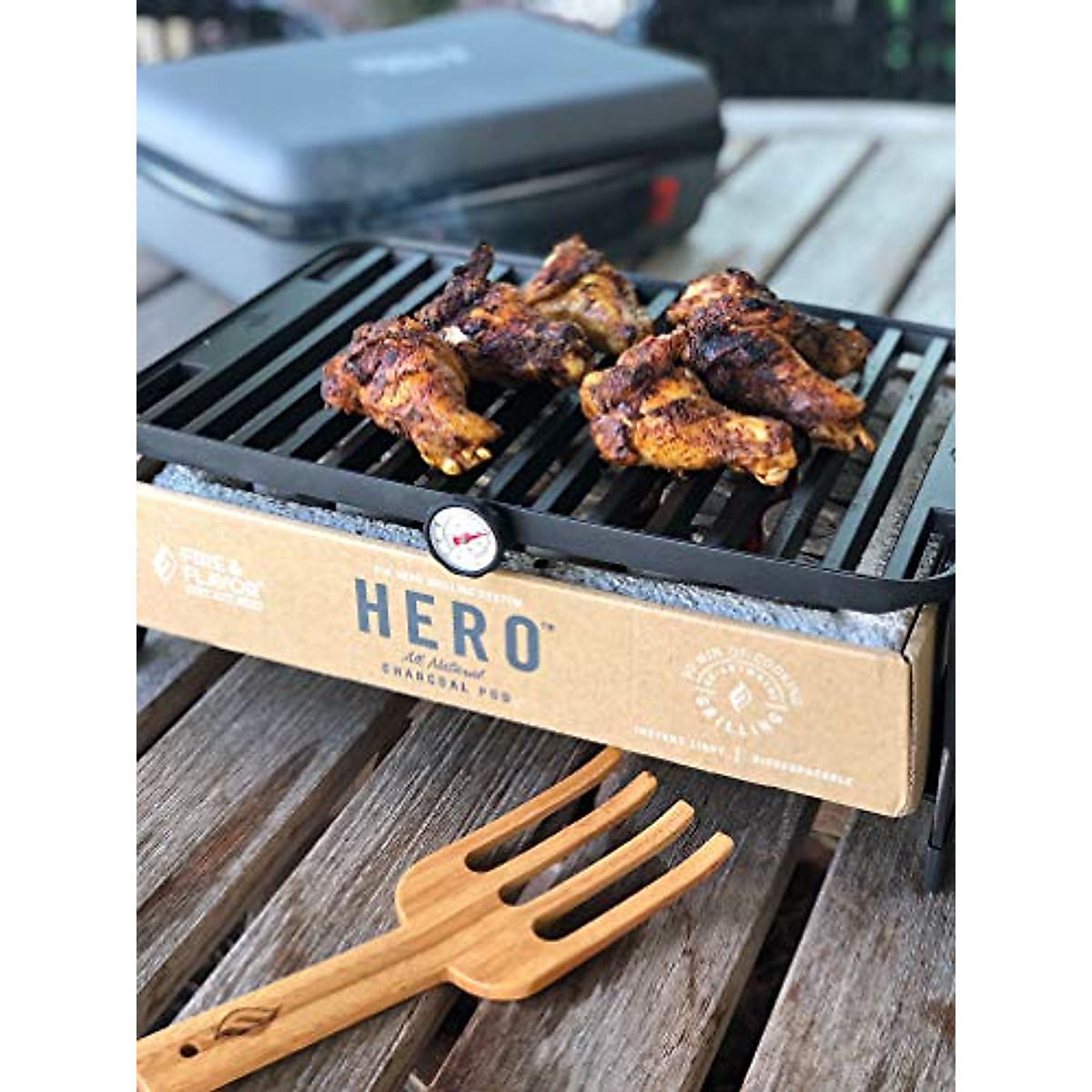 Fire & Flavor Hero Grill System - Ultra-Portable Grill for Camping, Tailgating, and BBQ on the Go - Tabletop Charcoal Grill Set Comes with Spatula, Thermometer, and Cutting Board