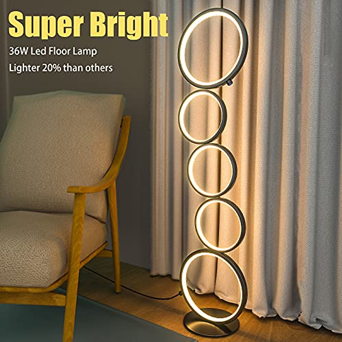 JIRTH LED Floor Lamp for Living Room 3 Brightness Levels Dimmable Touch Switch Modern Ring Tall Standing Lamp 42 Inches 36w Art Deco Floor Light for Bedroom Home Office Reading (Black)