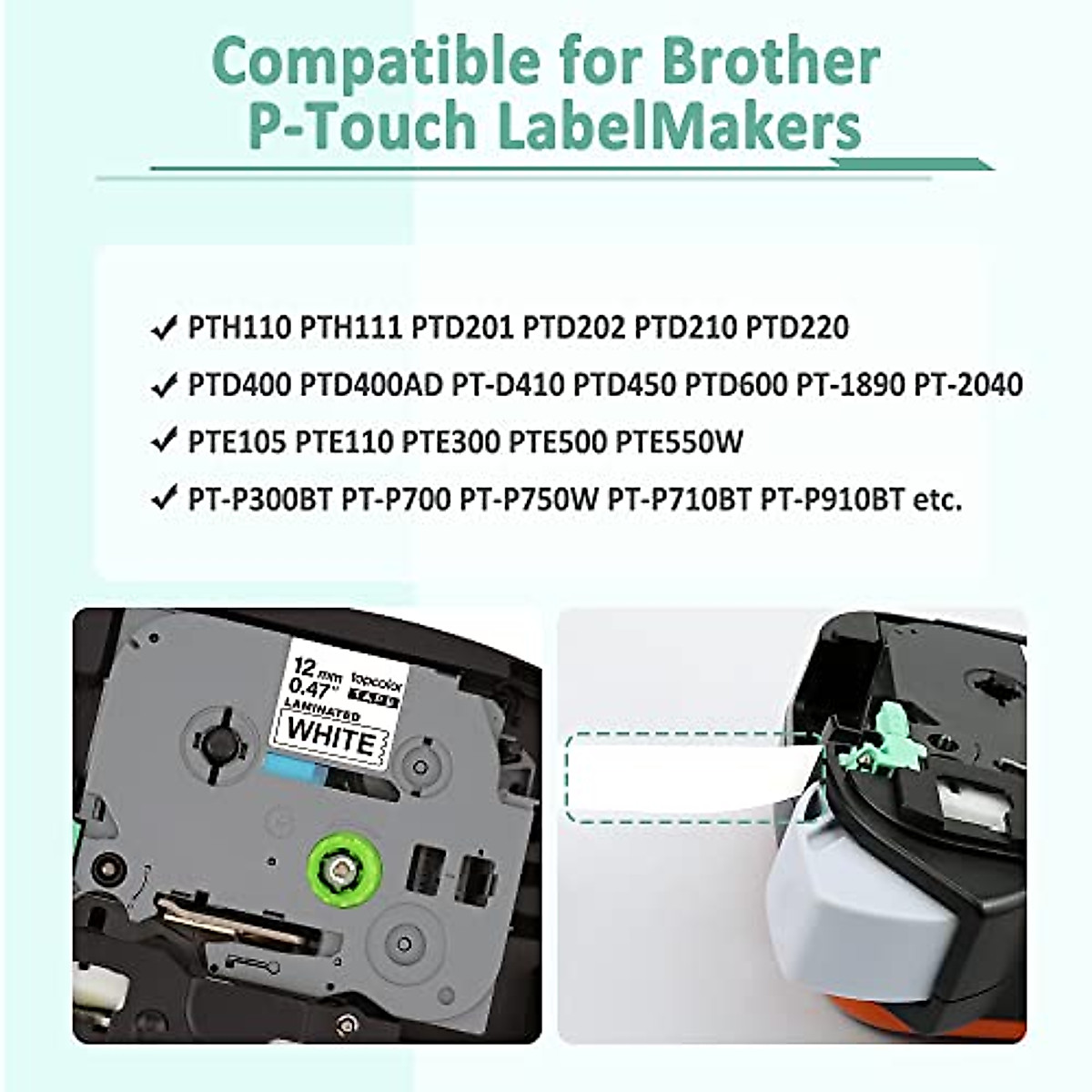 Topcolor 6-Pack Compatible TZe 12mm 0.47" Laminated Label Tape Replacement for Brother TZe-231 TZe135 TZe335 TZe435 TZe535 TZe735 TZe TZ Tape for P Touch PTD210 PTH110 PTD220 PTD400 PTD600 PT1880
