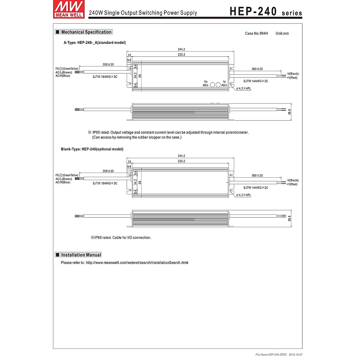 MEAN WELL HEP-240-12A 12V 16A 192W Single Output Switching Power Supply Harsh Environment