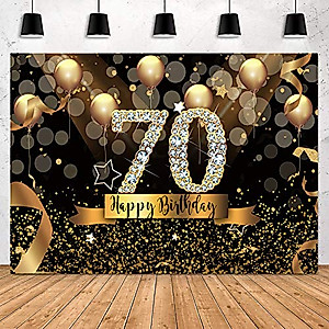 Sensfun Sparkle Gold 70th Birthday Backdrop Black Golden Balloons Photography Background for Women Shining Diamond Fabulous 70 Bday Party Decoration Supplies Happy 70th Birthday Photo Banner 7x5ft