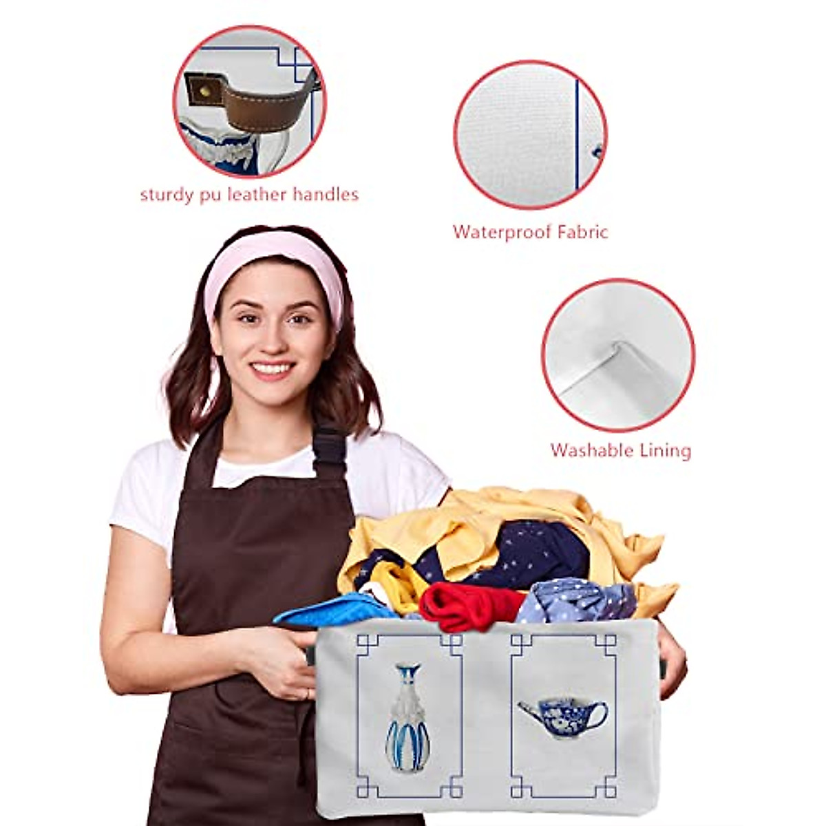 Retro Classic Chinese Porcelain Art Cube Storage Organizer Bins with Handles,2-PC 15x11x9.5 In Collapsible Canvas Cloth Fabric Storage Basket,Rustic Blue White Floral Flower Toys Bin Boxes for Shelves