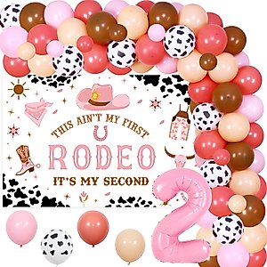 JOYMEMO My 2nd Rodeo Birthday Decorations Girl - Boho Cowgirl Balloon Garland Arch Kit with This Ain't My First Rodeo Its My Second Birthday Backdrop, Number 2 Foil Balloon for Western Party Supplies