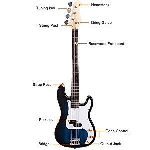Costzon Full Size Electric 4 String Bass Guitar for Beginner Starter Complete Kit, Rose Fingerboard and Bridge, w/Two Pickups & Two Tone Control, Guitar Bag, Strap, Guitar Pick, Amp Cord (Blue Bass)