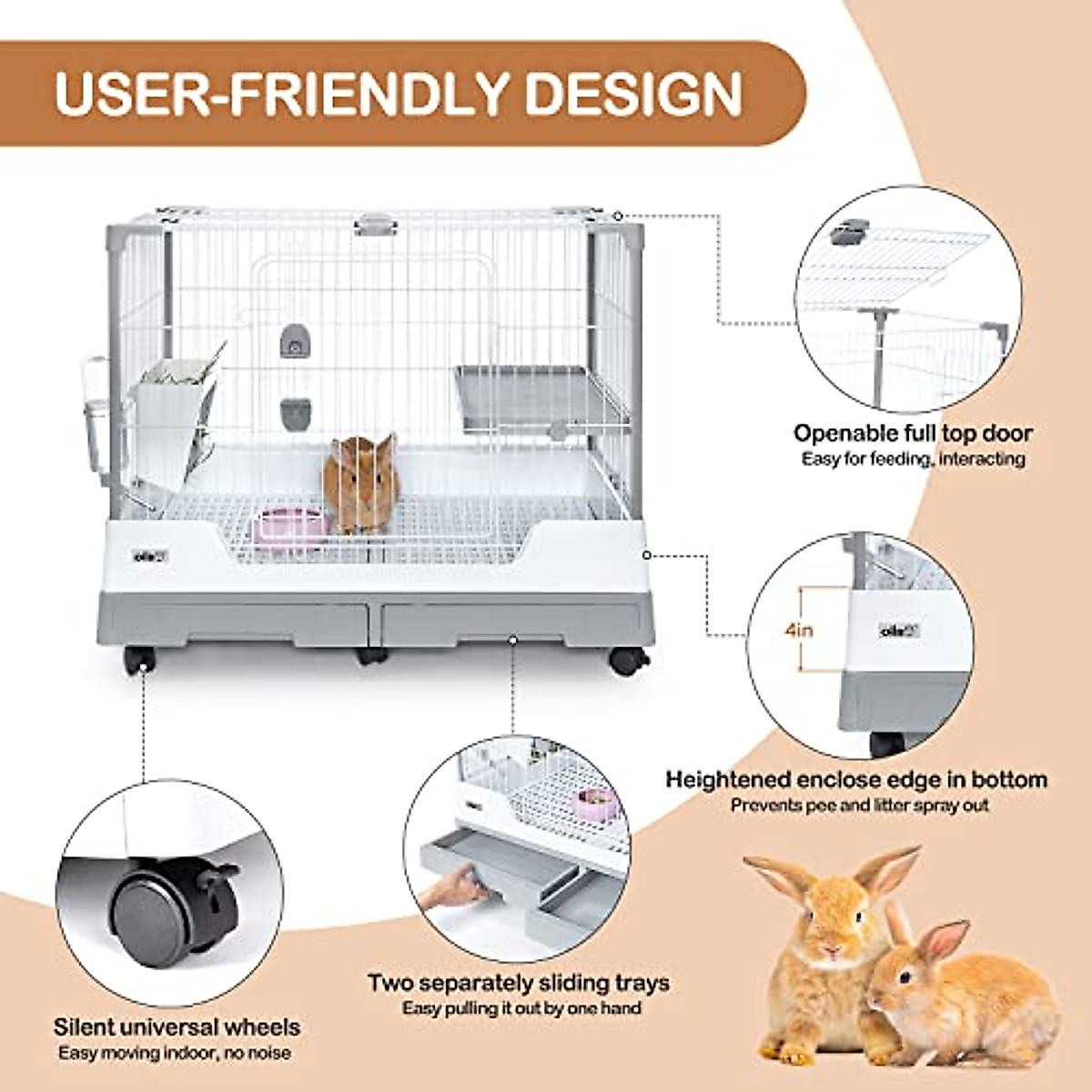 OIIBO Small Animal Cage for Rabbit,32" × 21" × 26" inch Foldable Rabbit Cage Hutch with Pull Out Tray and Caster Platform for Ferret Chinchilla