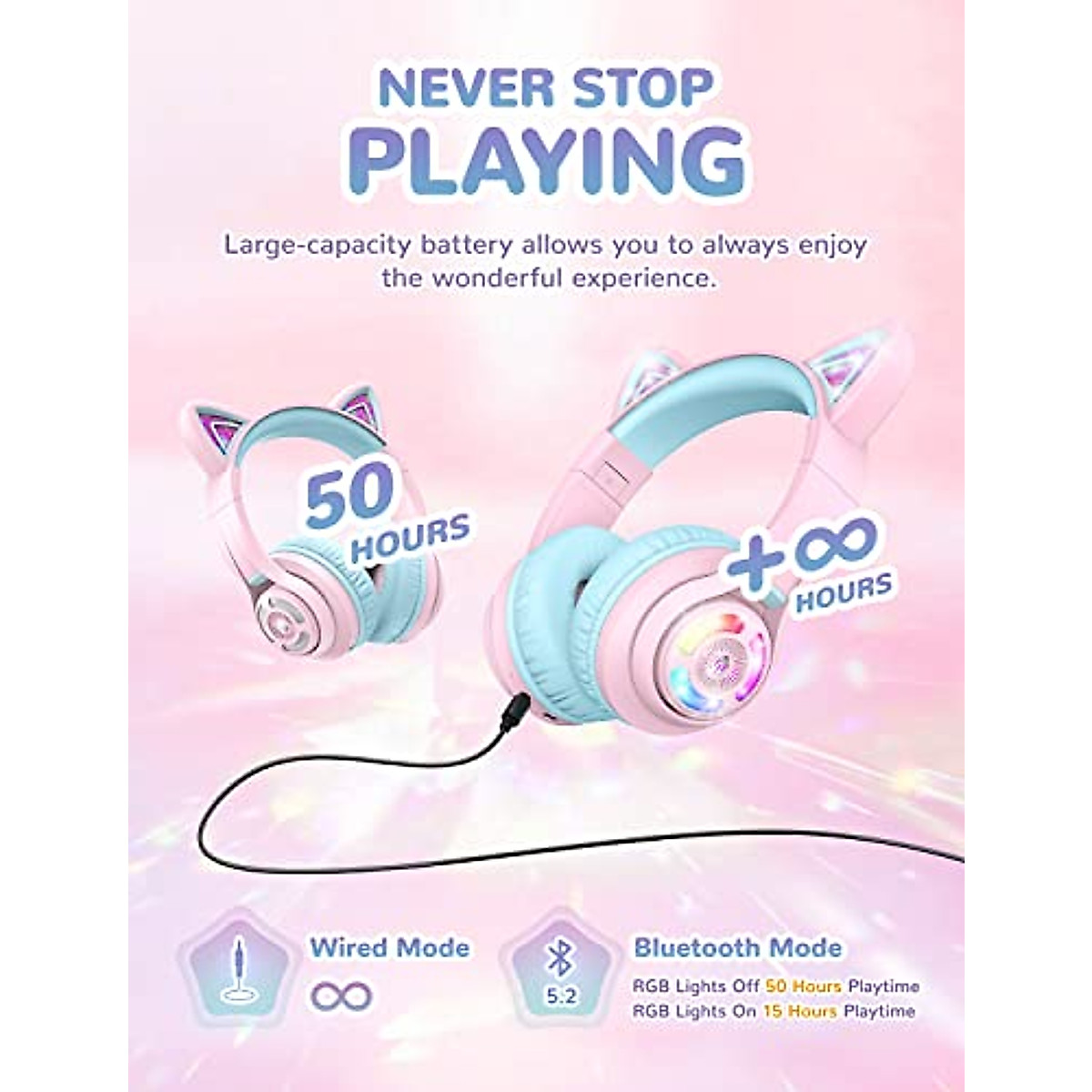 iClever Cat Ear Kids Bluetooth Headphones,LED Light Up On Ear Kids Wireless Headphones with Mic,74/85/94dB Volume Limited,50H Playtime,Bluetooth 5.2,Pink Headphones for iPad/Tablet/PC/Travel,BTH13
