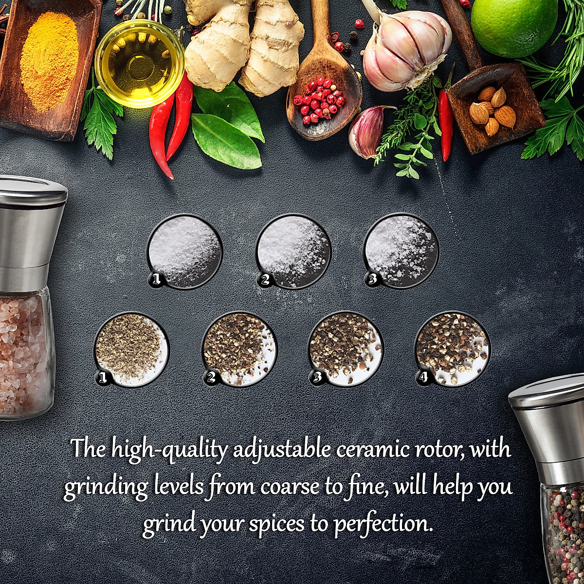 KitchenBliss Professional Salt and Pepper Grinder – Premium Stainless Steel Salt and Pepper Shaker with Ceramic Spice Grinder Mill for Adjustable Coarseness