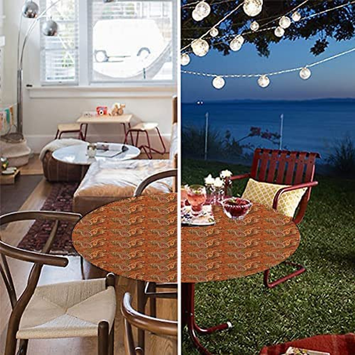 VBTGVE Round Fitted Paisleytablecloth, Paisley Pattern Floral Design with Leaves, Elastic Edge, Suitable for Dining Tables, self-Service Parties and Camping, Fit for 44" Table, Orange Green