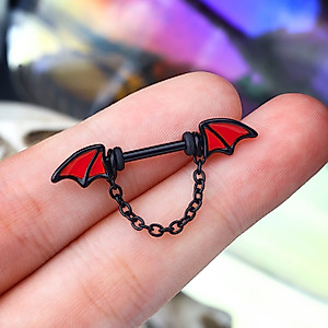 CM Crareesi Mania Bat Nipple Rings Bat Wings Nipple Piercing Jewelry 316L Surgical Steel Chain Nipple Rings 14G Black Nipple Barbell Nipple Shield Rings for Halloween
