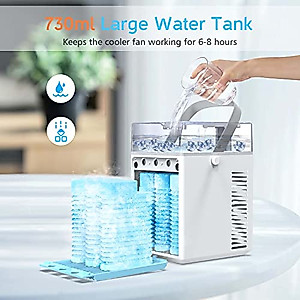 Portable Air Conditioners, 4 in 1 Rechargeable Mini Air Conditioner Evaporative Personal Cooler Humidifier, 3 Speeds Mini AC Desktop Cooling Fan for Office Tent Bedroom