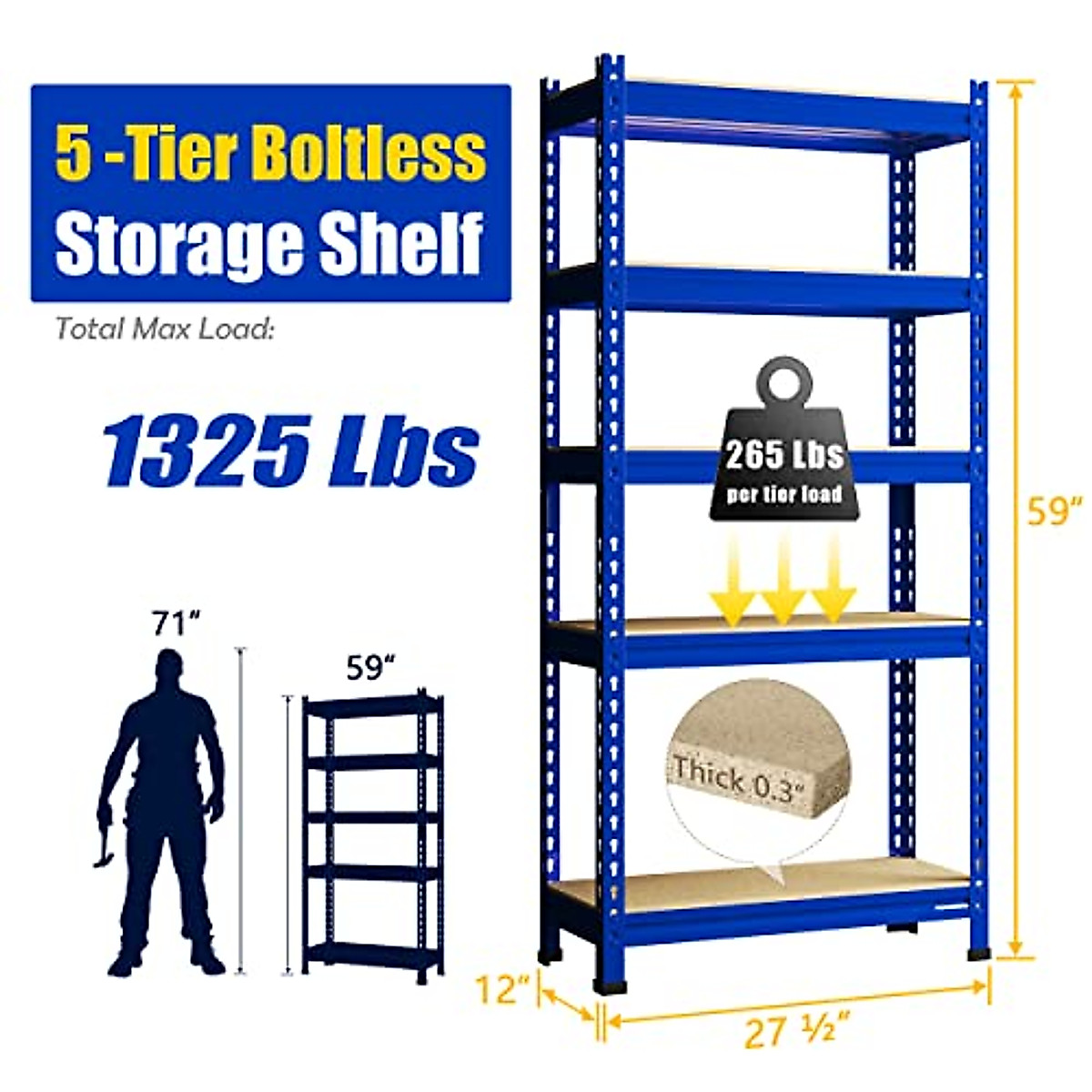 PrimeZone Storage Shelves 5 Tier Adjustable Garage Storage Shelving, Heavy Duty Metal Storage Utility Rack Shelf Unit for Warehouse Pantry Closet Kitchen, 28" x 12" x 59", Blue