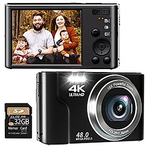 Digital Camera, FHD 4K Digital Camera for Kids & Adult, 48MP Vlogging Cameras for Photography, Small Compact Point and Shoot Digital Camera with 32GB SD Card for Beginners,Kids and Teens-Black