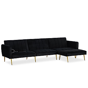 TTGIEET 105" Velvet Sofa Couch with Chaise, L Shape Futon Sofa Couch with USB, 4-Seat Sleeper Sofa Bed for Living Room (Black)