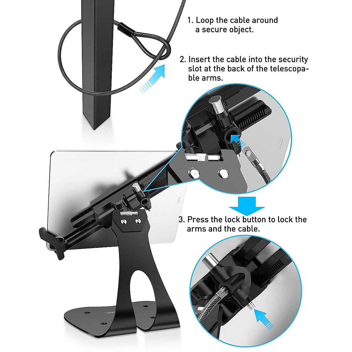 AboveTEK Anti-Theft iPad Stand, Universal Security POS Tablet Stand, Diagonally-Oriented iPad Locking Mount for 7-13 inch iPad, Galaxy with Security Cord and Key, 360° Swivel for Business and Retail