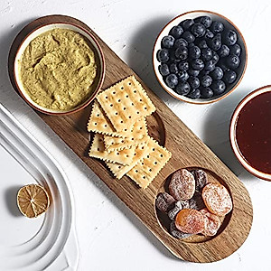 Artena Rimmed Soup Bowls 18oz, Pasta Bowls Set of 4, White Porcelain Salad Bowls, 9 inch Deep Soup Plates & 6oz Turquoise Solid Ceramic Chips and Dip Serving Platter with Acacia Wooden Tray