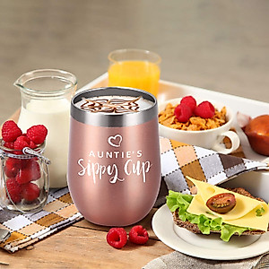 Gifts for Aunt Auntie's Sippy Cup Wine Tumbler with Lid, Birthday Mothers Day Gifts for Aunts New Best Aunt Gifts from Niece Nephew, 12 Oz Funny Insulated Stainless Steel Tumbler with Straw, Rose Gold