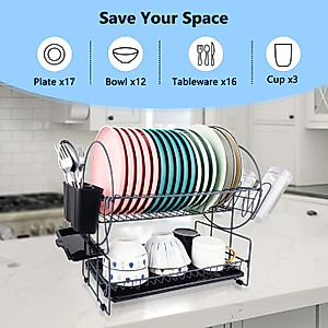 Housen Solutions Dish Drying Rack, 2 Tier Rust-Resistant Dish Rack with Drainboard, Dish Racks for Kitchen Counter with Glass and Utensil Holder