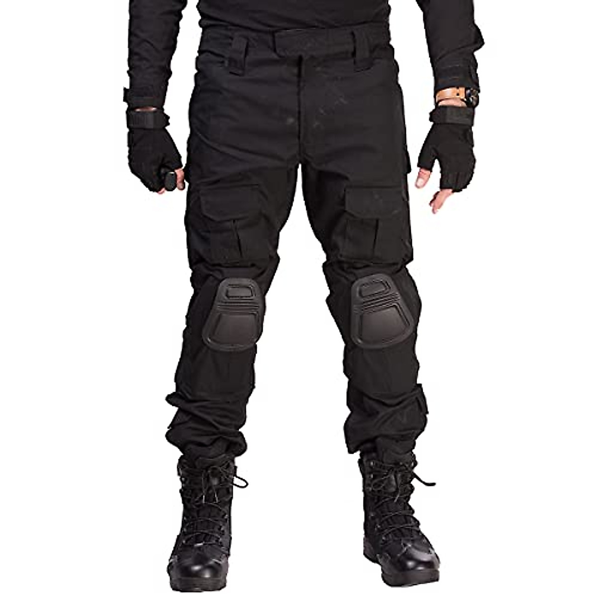 HAN·WILD Combat Pants Tactical Pant with Knee Pads Multicam Rip-Stop Trousers Airsoft Hunting Pants (Black, XL)