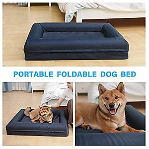 Hygge Hush 100% Waterproof Dog Bed, Washable Dog Bed with Removable Cover and Bolster, Orthopedic Dog Bed with Nonskid Bottom(Navy Blue,36"x27")