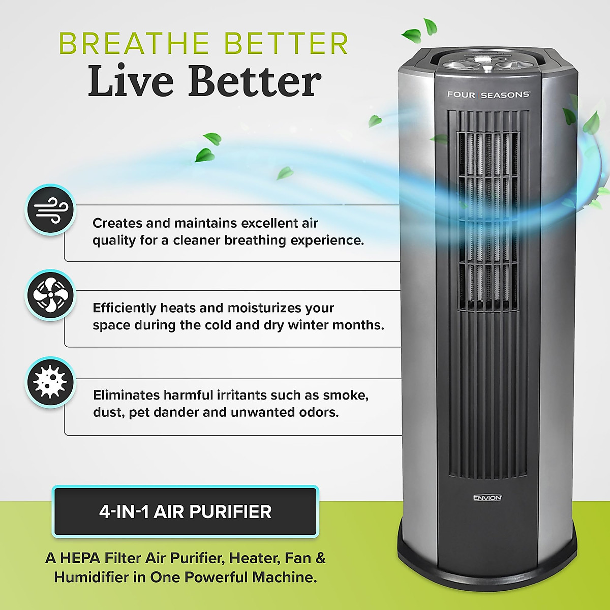 Envion 4 Seasons Large Room 4-in-1 Multi-Function Air Purifier, Heater, Fan and Humidifier with 3 Fan Speeds, HEPA Air Filter and Adjustable Controls