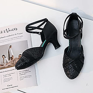 URYZE Latin Dance Shoes Sequin Mid Heel Dancing Heels Silver Ballroom Salsa Dance Shoes Practice Performance Tango Shoes 7.5