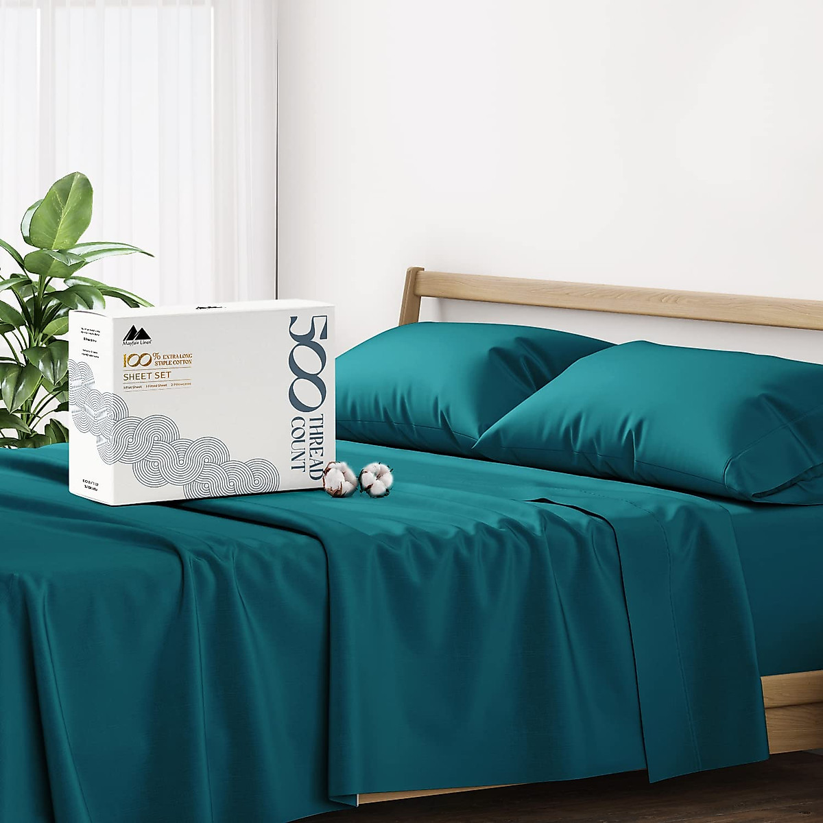 Mayfair Linen 500 Thread Count 100% Cotton Sheets King Size Bed Set - 4 PC King Bed Sheet Set Cotton (Teal), Soft, Cooling, Sateen Weave 16" Deep Pocket Bedsheet for Hot Sleepers (Fits 18" Mattress)