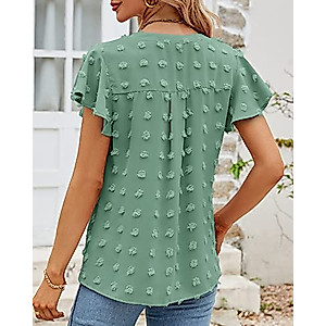 Womens Summer Casual V Neck Tops Ruffle Short Sleeve Tunic Swiss Dot Dressy Flowy Blouses Shirts 2023 Light Green