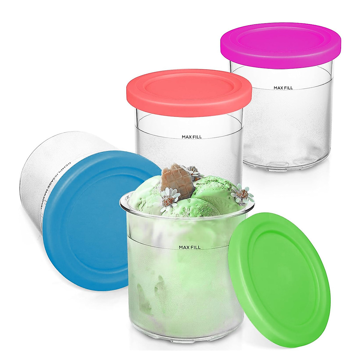 Replacement Ninja Creami Pints and Lids - 4 Pack, Ninja Creami Containers, Creami Pint Containers, Ninja Creami Accessories, Homemade Ice Cream Containers, 16 oz, Compatible with NC299, NC301 series