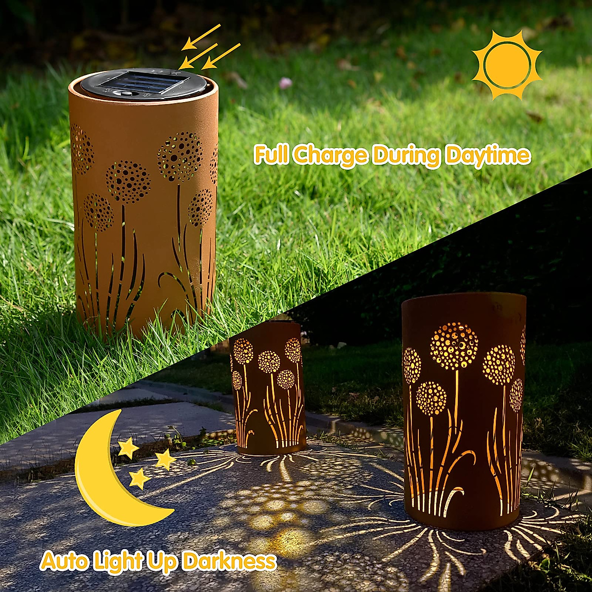 pearlstar Outdoor Solar Table Lamp 2pack Metal Dandelion Solar Lantern Lights, Retro Orange Finsih, Outside Decor for Patio Garden Yard Pathway Tabletop Waterproof(Dandelion)