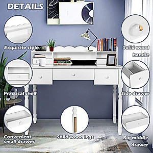 FUNKOCO White Writing Desk with Detachable Hutch& 5 Drawers,Modern Computer Workstation for Home Office,Vanity Table