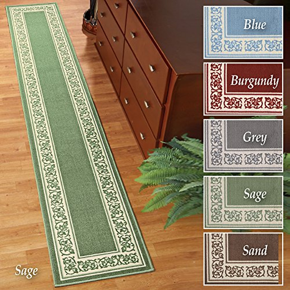 Collections Etc Extra Long Floral Skid-Resistant Border Rug, Sand, 20" X 90"