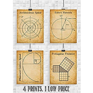 Math Art Prints-Archimedean Spiral, Euler's Formula, Fibonacci Golden Spiral, Pythagoras Theorem-Set of Four Gallery Wall 8x10 Unframed - Gift & Decor For Teachers, Classroom & Math Students Under $20