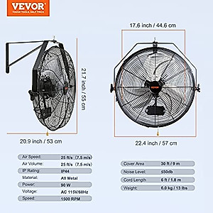 VEVOR 18 Inch Wall Mount Fan, 3-speed IP44 Waterproof Industrial Wall Fan, Max. 4150 CFM Wall Mounted Fan for Outdoor, Commercial, Residential, Greenhouse, Workshop, ETL Listed, 2-Pack