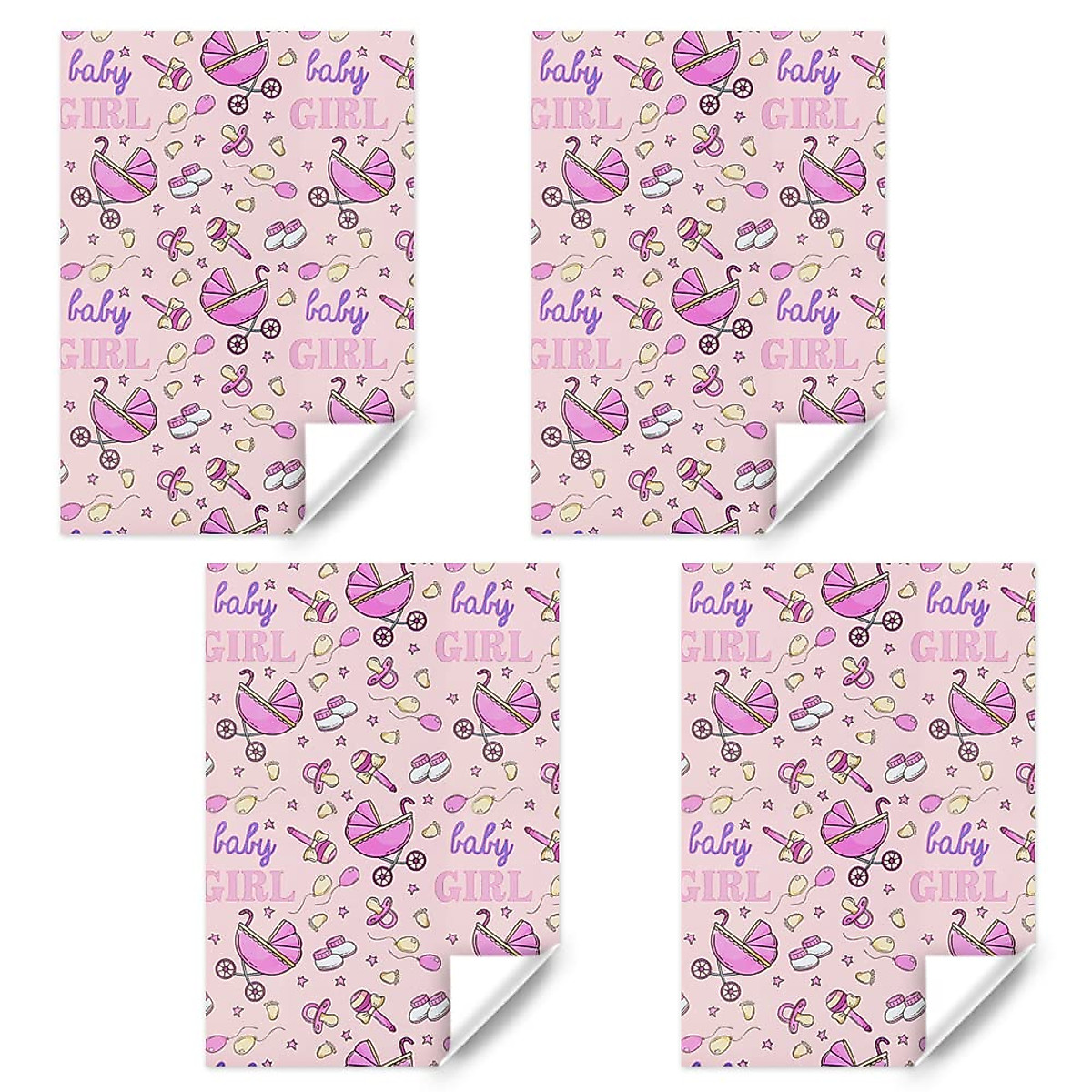 Baby Girl Birthday Wrapping Paper For Kids Girls, Stroller Baby Socks Nipple Balloons Designs Gift Wrap Paper for Birthday or Baby Shower, 4 Sheets Pink Paper Folded Flat 20x28 Inches Per Sheet
