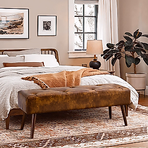 Furnimart Faux Leather Bench Ottoman, Tufted Button Bedroom Benches Footrest Stool in Solid Wood Legs, Long and Dining Bench, Indoor Bench for Entryway Living Room Bedroom (Leather-DustYellow)