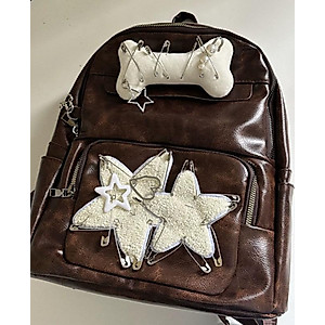 Hopecn Y2K Backpack With Accessories Star Aesthetic PU Goth Bookbag 90s Vintage Fashion Grunge Travel Daypack. (Star1-Brown1)
