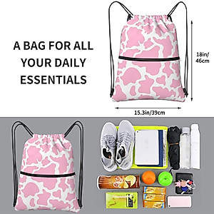 Famame Pink Cow Print Drawstring Backpack String Bag Sackpack For Gym Shopping Beach Sport Yoga
