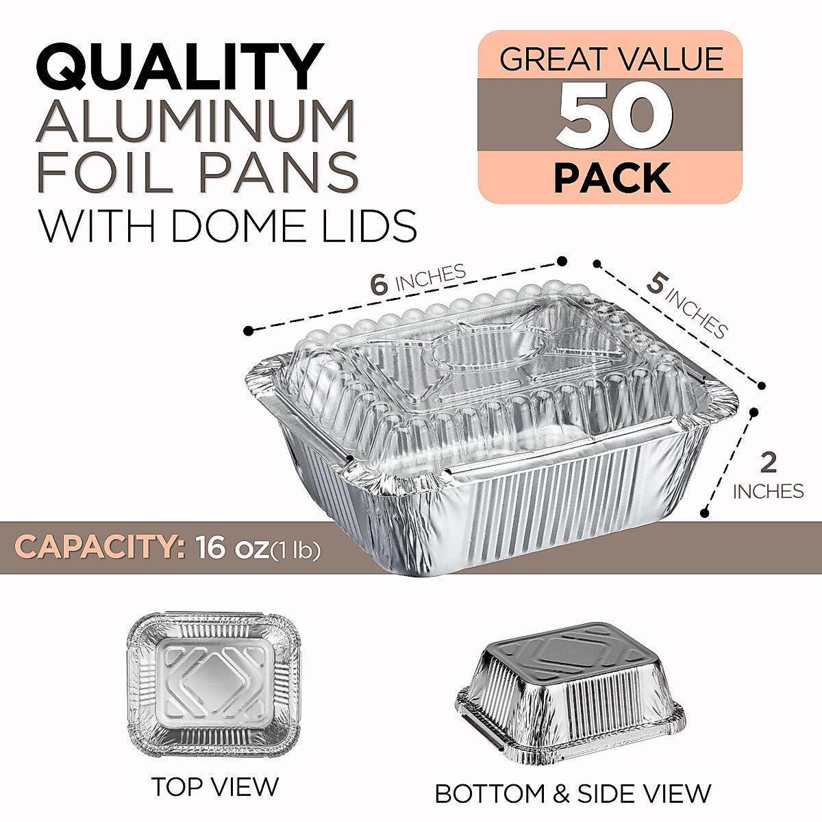 Fit Meal Prep 50 Pack 1 lb Aluminum Foil Pans with Clear Lids, 6 x 5 x 2 Disposable Aluminum Food Take Out Containers, Heavy Duty Aluminum Baking Pan for Catering, Packaging Freezer Oven Safe