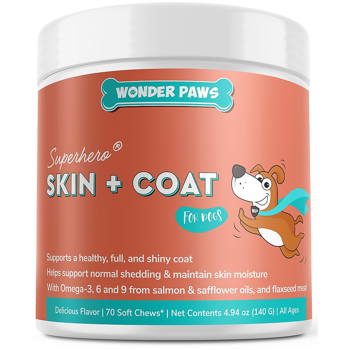 Wonder Paws Skin & Coat Supplement for Dogs with Salmon Oil, Omega 3 & 6, EPA & DHA, Promotes Healthy Skin and Coat, Itchy Relief, Joint and Overall Health, Delicious Flavor, 70 skin & coat Soft Chews